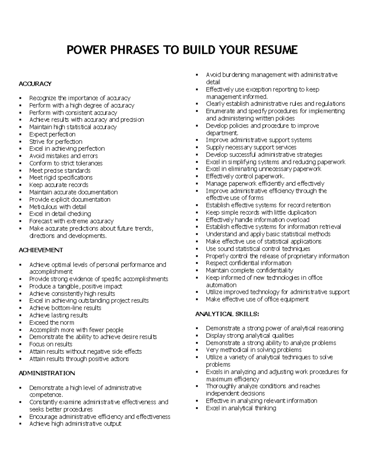 Power-phrases - Nice - POWER PHRASES TO BUILD YOUR RESUME ACCURACY ...