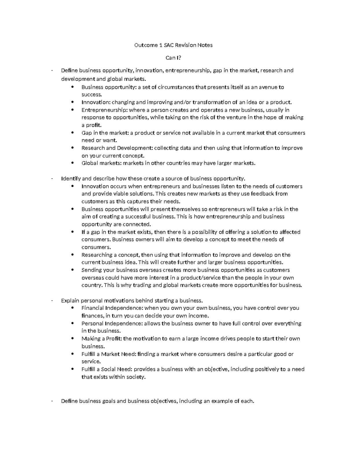 Unit 1 AOS 1 Revision Sheet - Business Management - Outcome 1 SAC ...