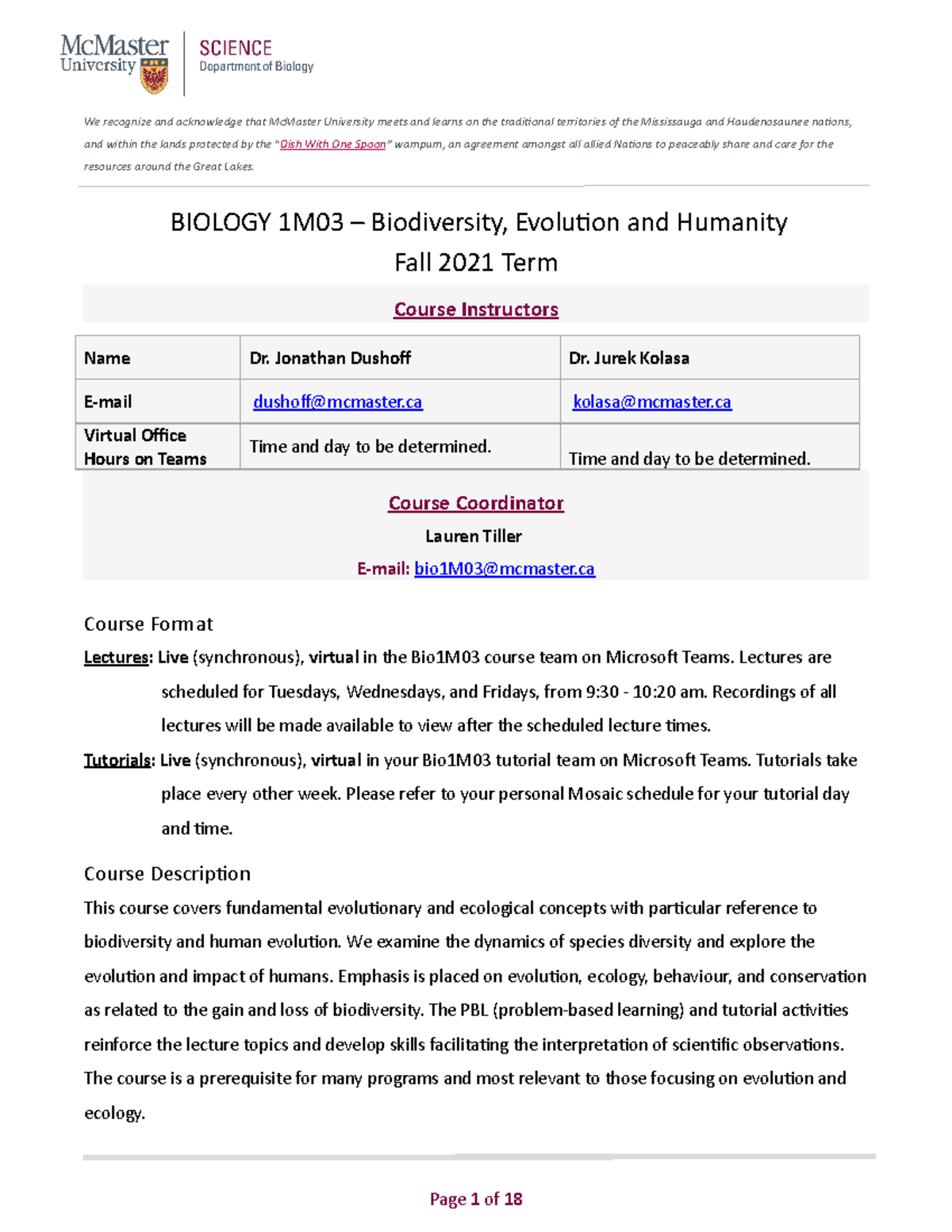 BIO 1M03 F2021 - This course covers fundamental evolutionary and ...