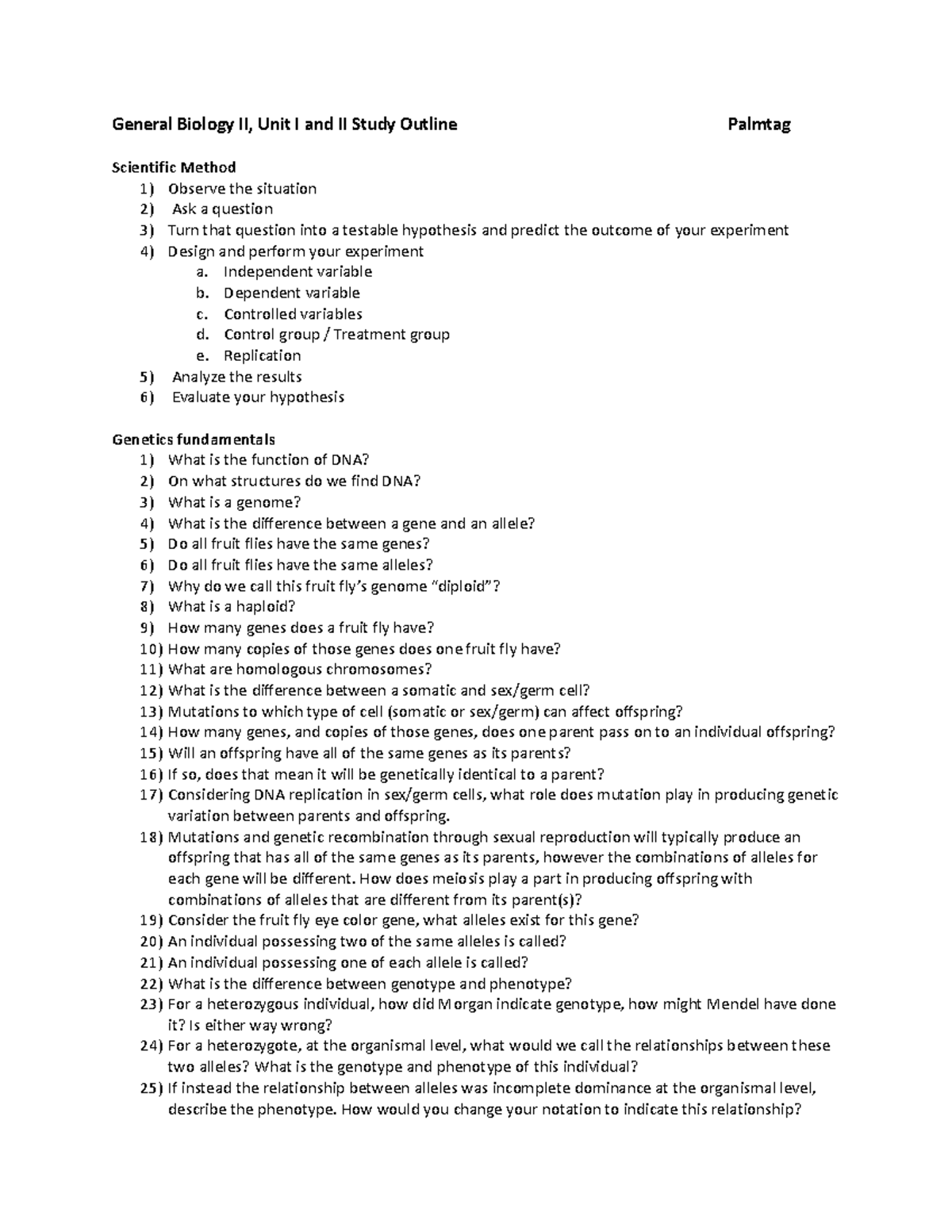 Course Study Outline units I and II - General Biology II, Unit I and II ...