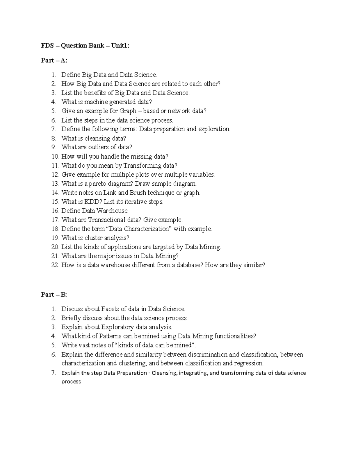 FDS-Unit1-2 QB - nice - FDS – Question Bank – Unit1: Part – A: 1. Define Big Data and Data ...
