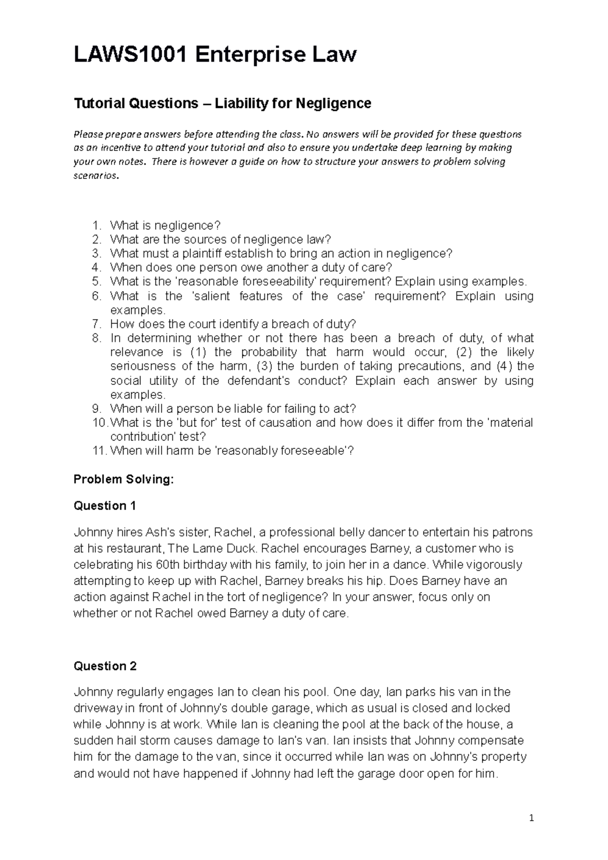 Neg I - This is notes for law - LAWS1001 Enterprise Law Tutorial ...