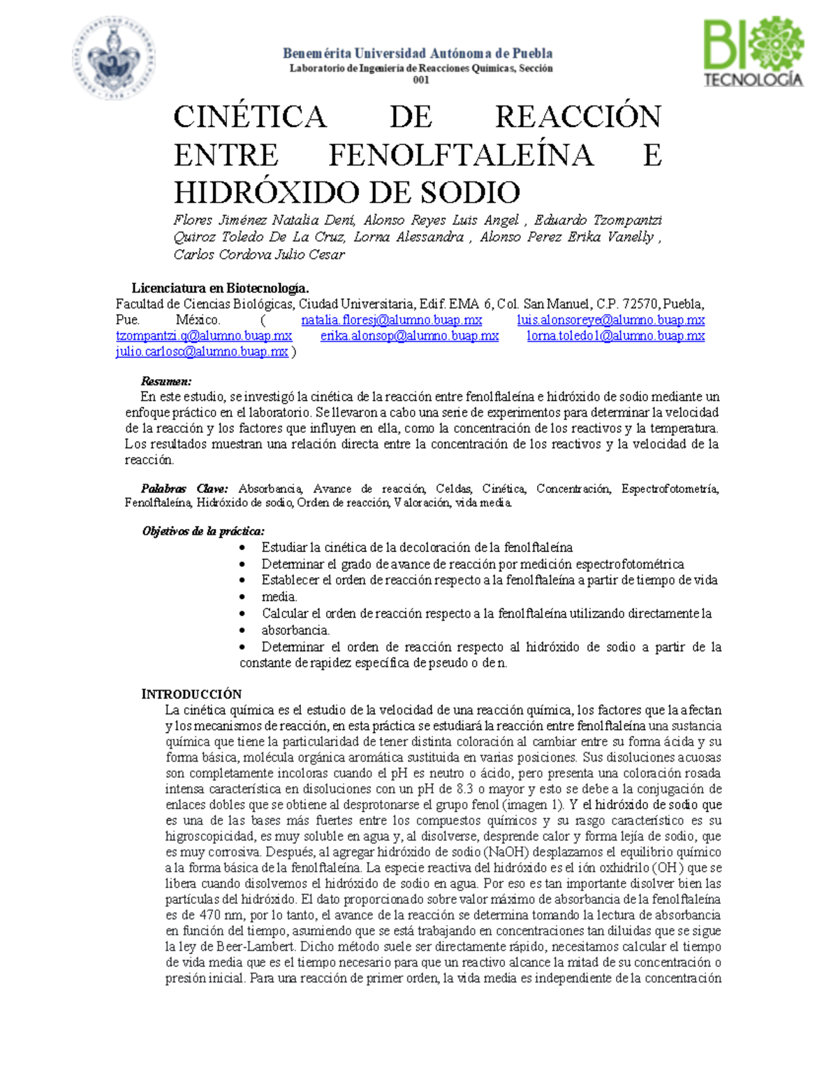 CINÉTICA DE ReaccióN Entre FenolftaleíNA E HidróXIDO DE Sodio ...