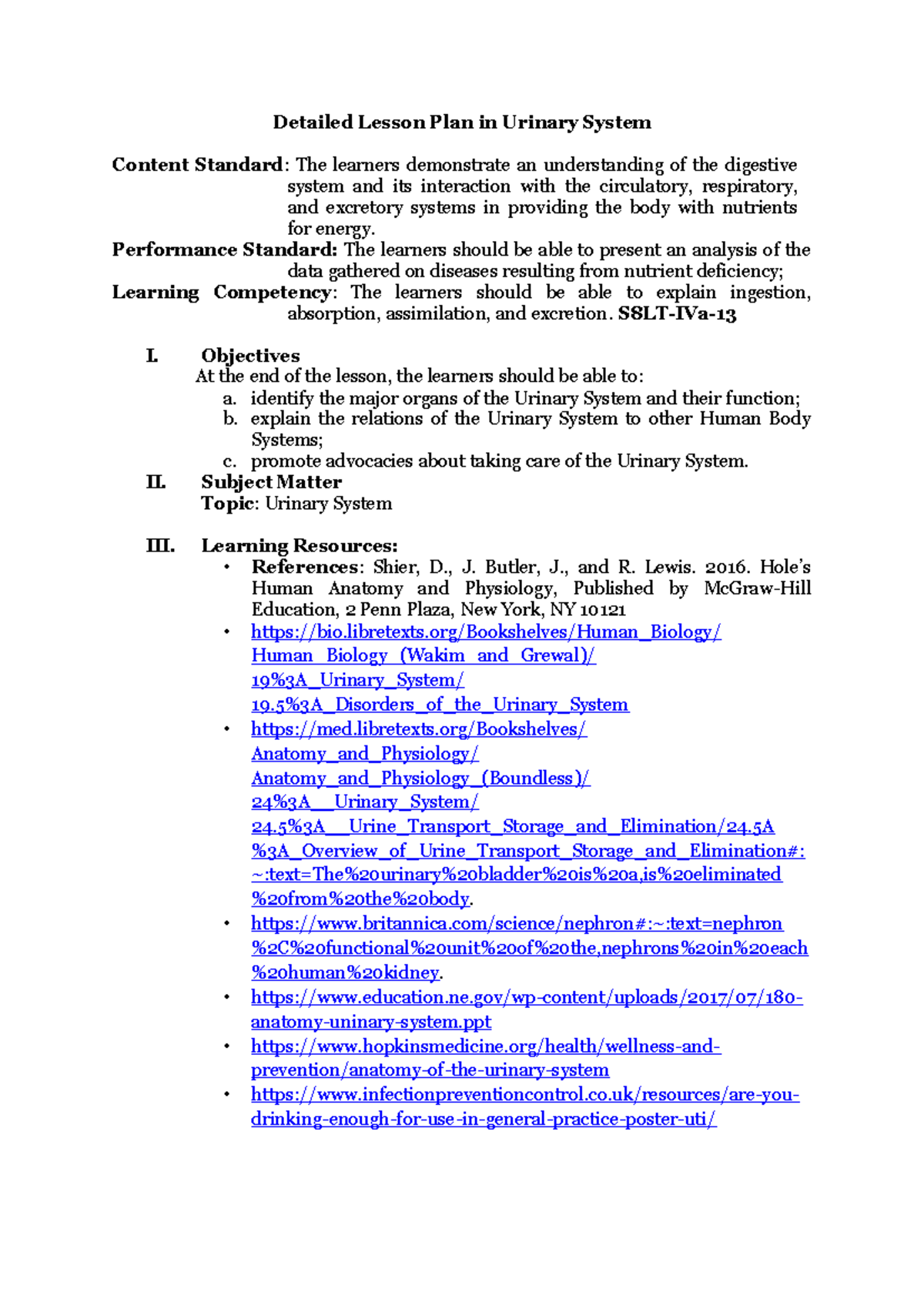 Urinary System Lesson Plan - Detailed Lesson Plan in Urinary System ...