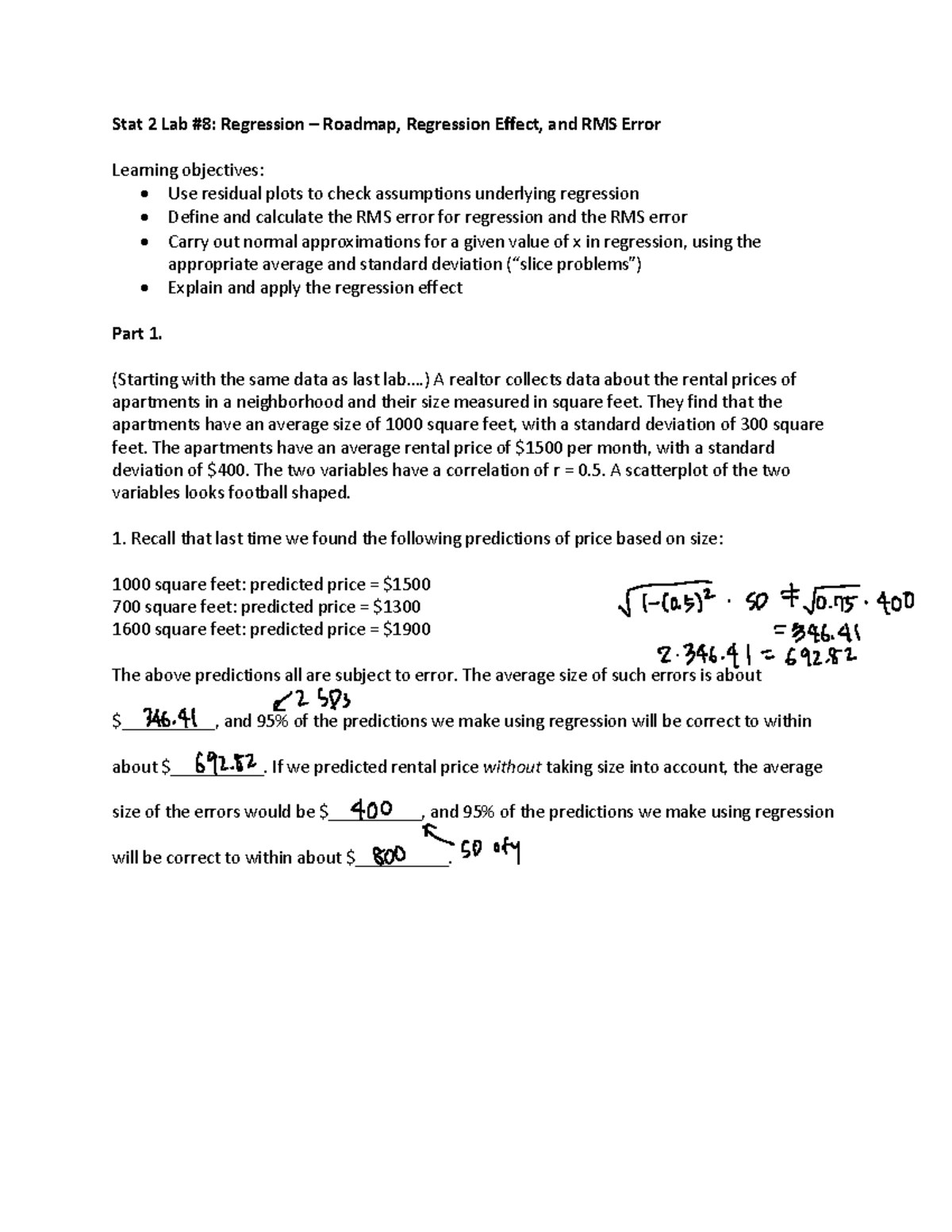 Stat 2 Lab assignment 8 - Stat 2 Lab # 8 : Regression – Roadmap, Regression Effect, and RMS ...
