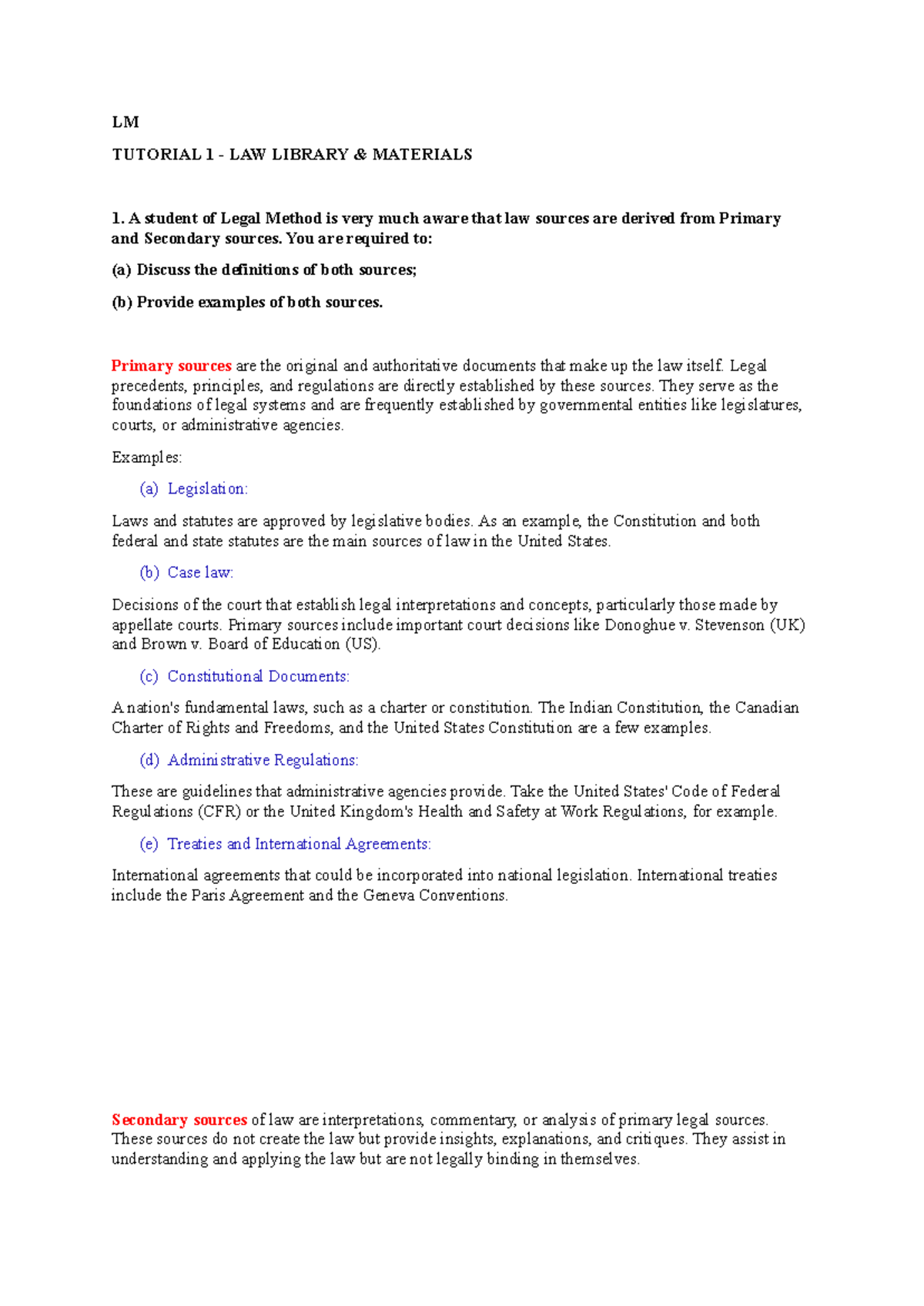 LM T1 - sources of law - LM TUTORIAL 1 - LAW LIBRARY & MATERIALS A ...