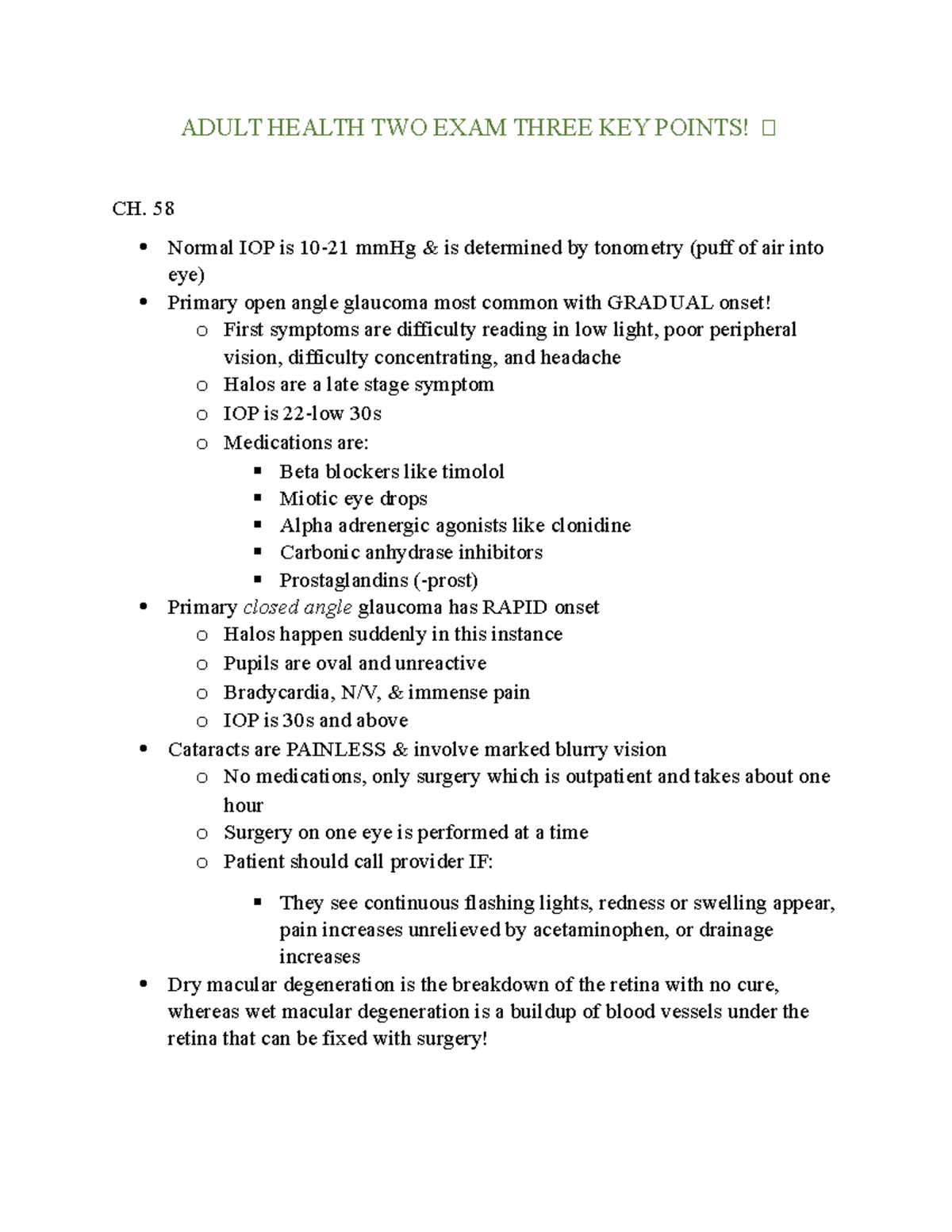 Ah2 exam three key points - ADULT HEALTH TWO EXAM THREE KEY POINTS! 🀀 CH. 58 Normal IOP is 10-21 ...