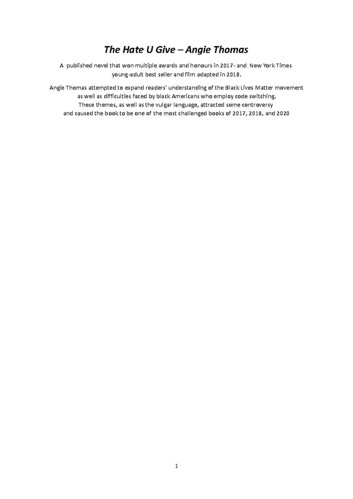 Thug life - samenvatting vragenlijst - The Hate U Give – Angie Thomas A ...