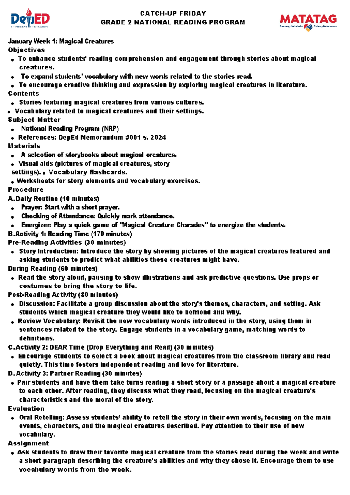 Grade 2 NRP - Catch-up Friday Lesson Plan - GRADE 2 NATIONAL READING ...