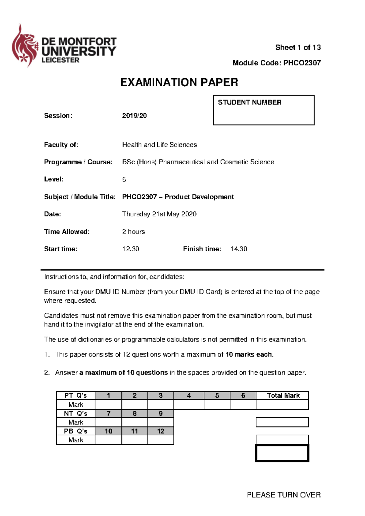 PHCO2307 2020 Exam - Module Code: PHCO PLEASE TURN OVER EXAMINATION ...