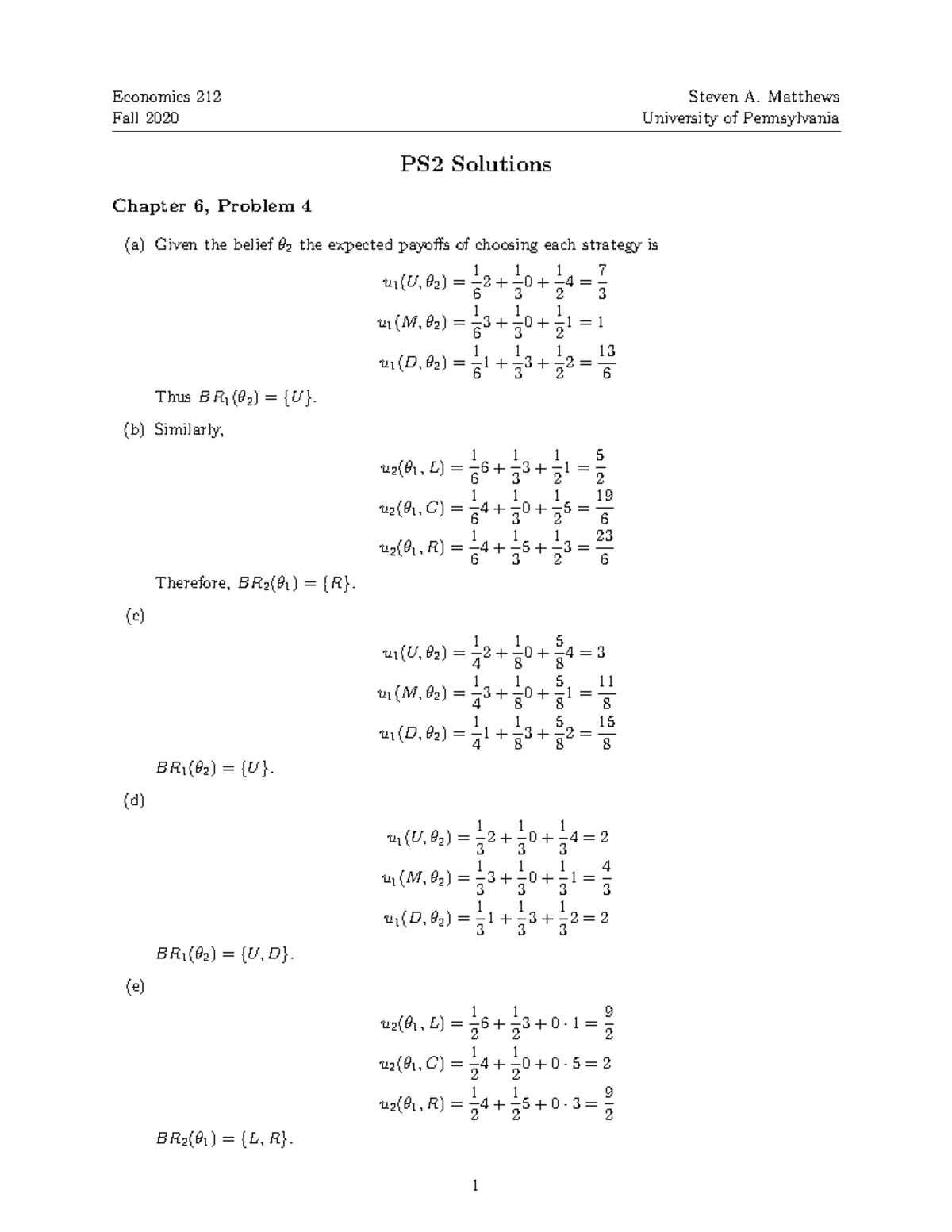 Solns ps2 212 Fall 2020 - Solutions to practice questions for the course - Economics 212 Steven ...