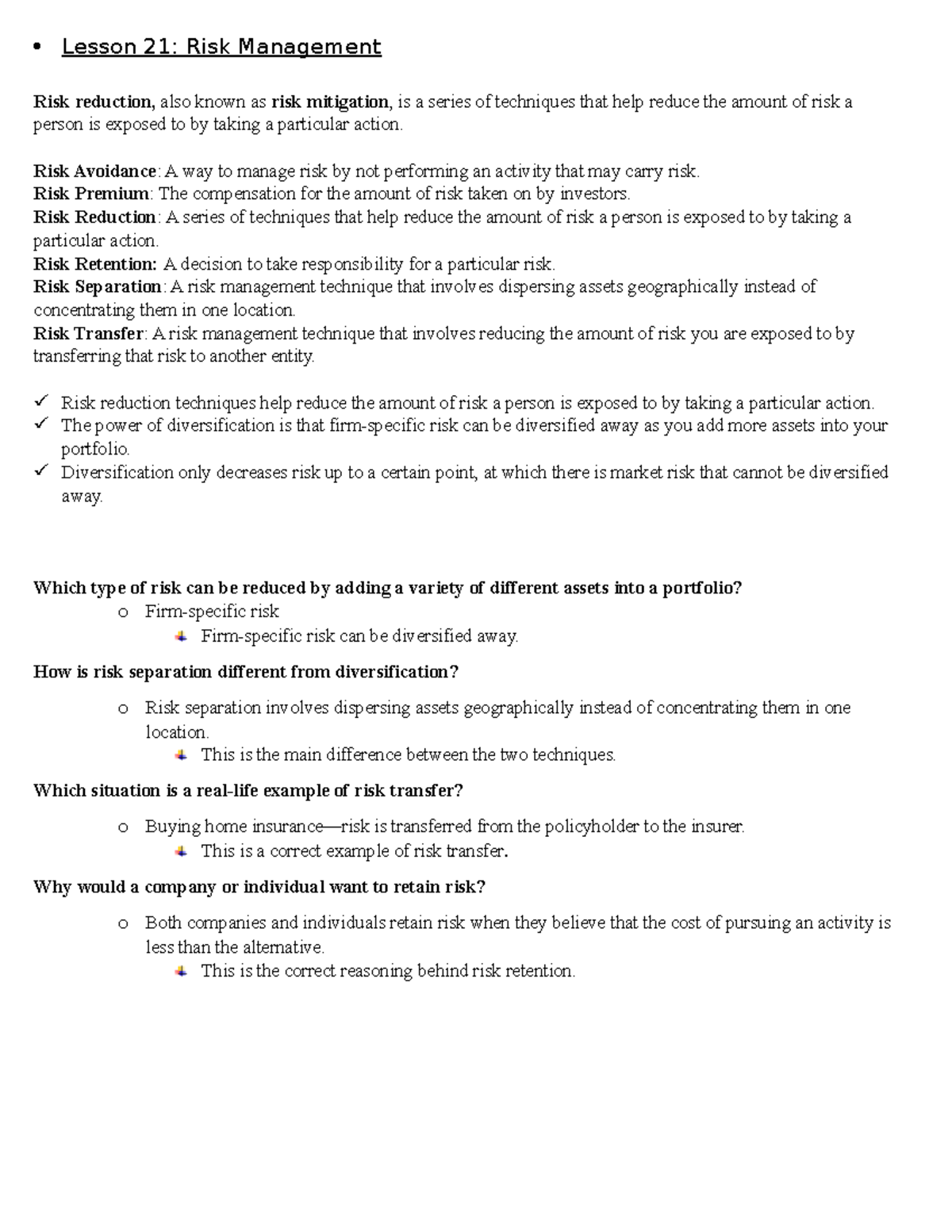 Lesson 21 Risk Management - Lesson 21: Risk Management Risk reduction ...