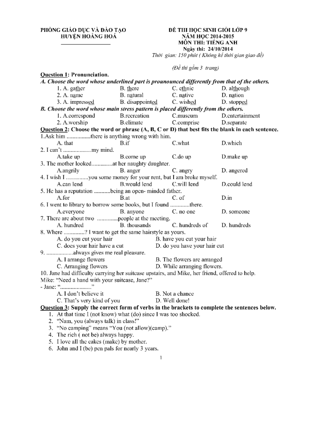 De thi va dap an HSG Tieng Anh 9 PGD Hoang Hoa 2014 2015 - Tiếng anh 1 - Studocu