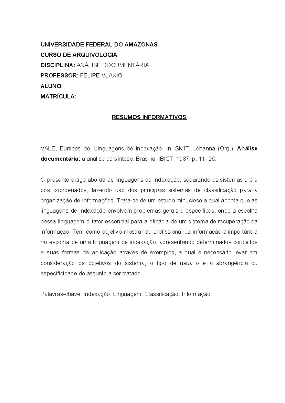 Resumo informativo sobre Análise documentária - UNIVERSIDADE FEDERAL DO ...