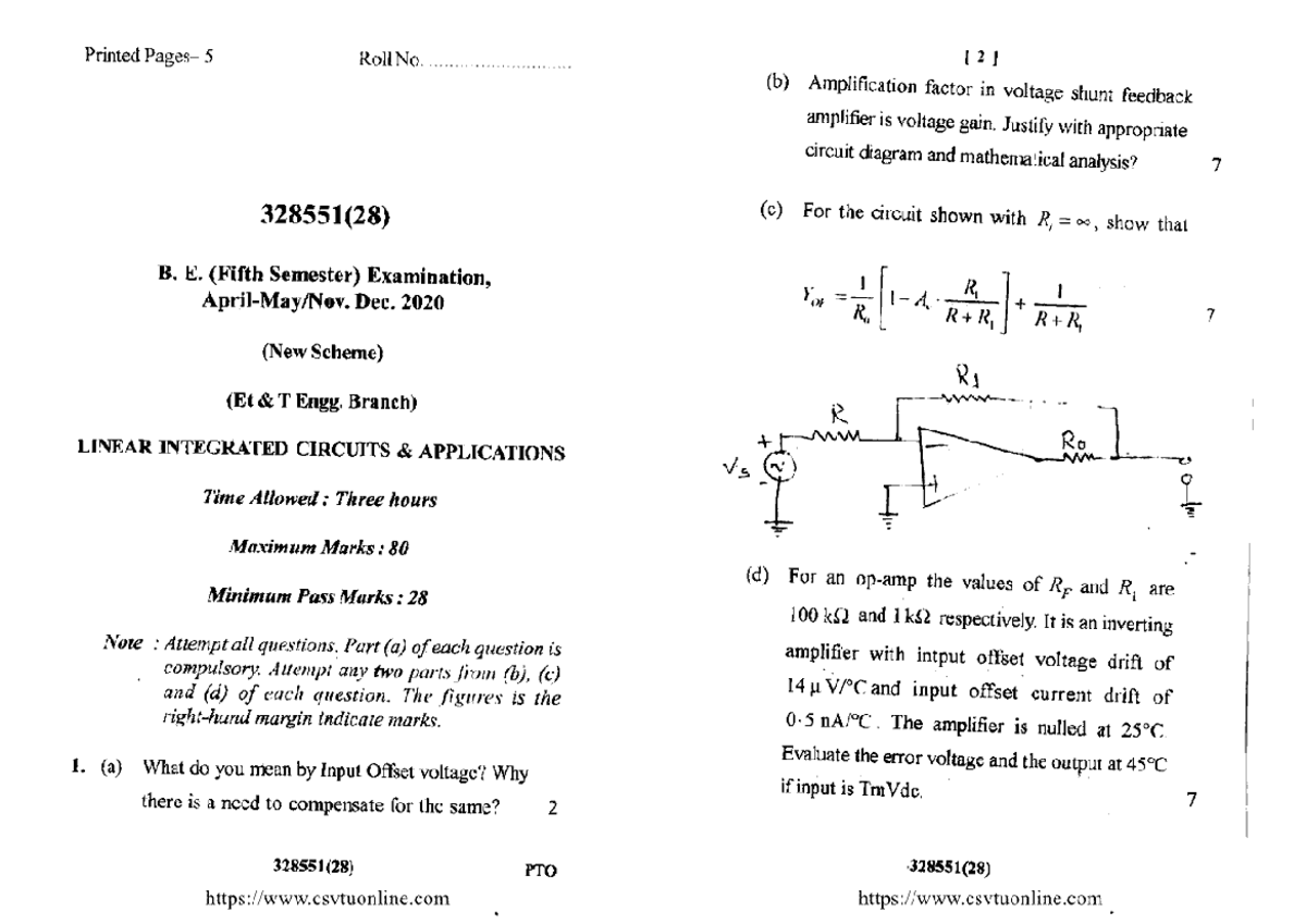 Be ete 5 sem linear integrated circuits and applications 328551 dec 2020 - B.tech - Studocu