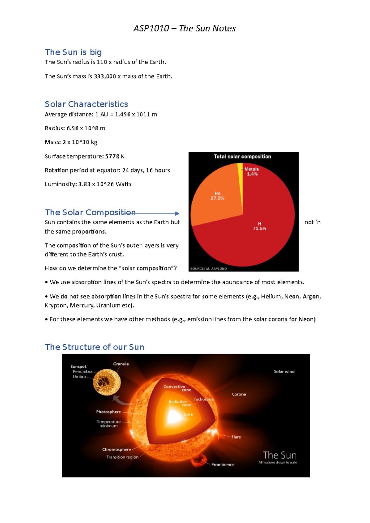 W5a - The Sun and its Properties - ASP1010 – The Sun Notes The Sun is ...