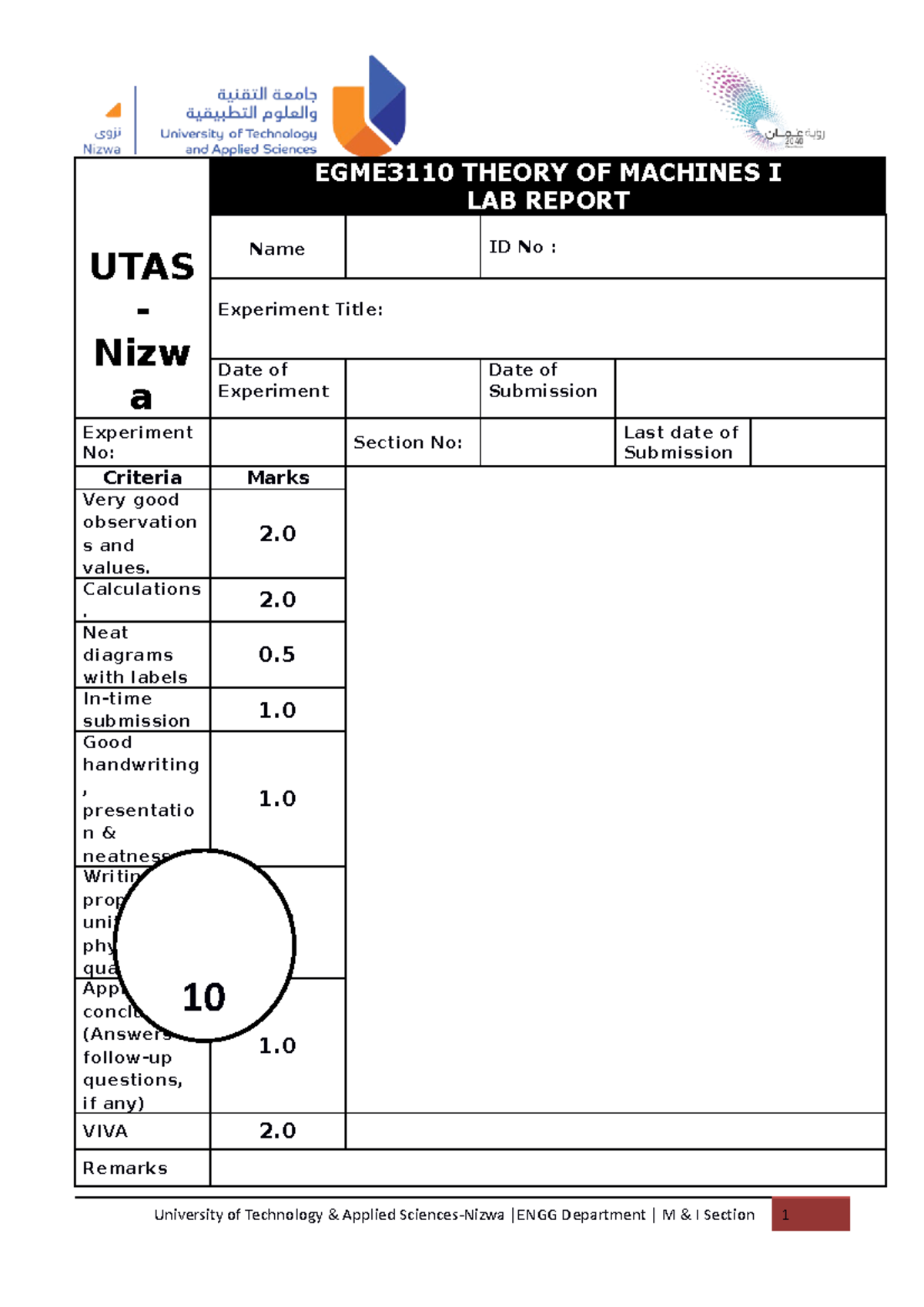 Lab report for Theory of Machines 1 - UTAS - Nizw a EGME3110 THEORY OF ...