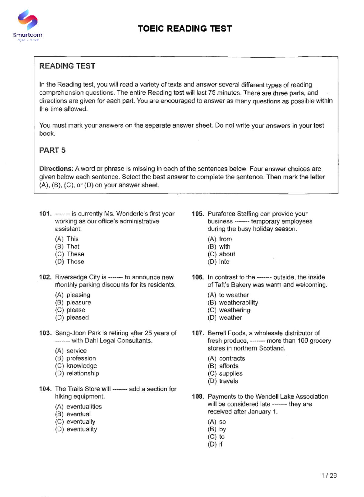 Toeic Reading - none - Tiếng Anh cơ sở - TOEIC READING TEST - Studocu