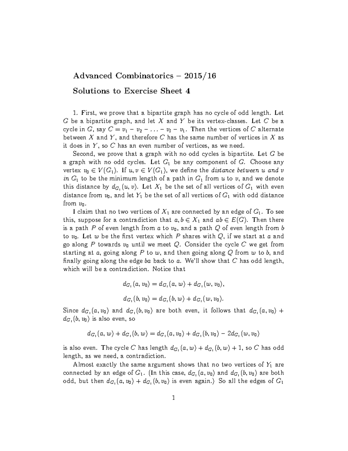 Exercise 4 - Solutions - Advanced Combinatorics – 2015/16 Solutions to Exercise Sheet 4 1. First ...