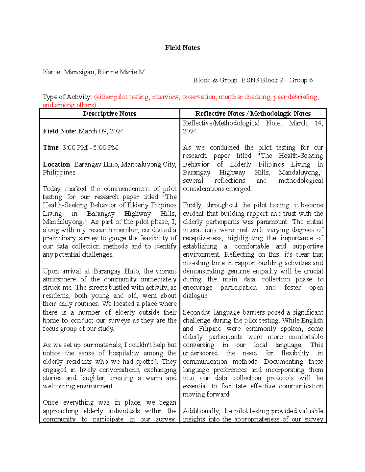 Field Notes for Research - Field Notes Name: Marasigan, Rianne Marie M ...