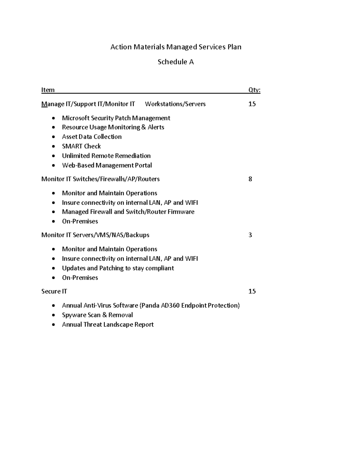 Action Materials Schedule A - Action Materials Managed Services Plan Schedule A Item Qty: Manage ...