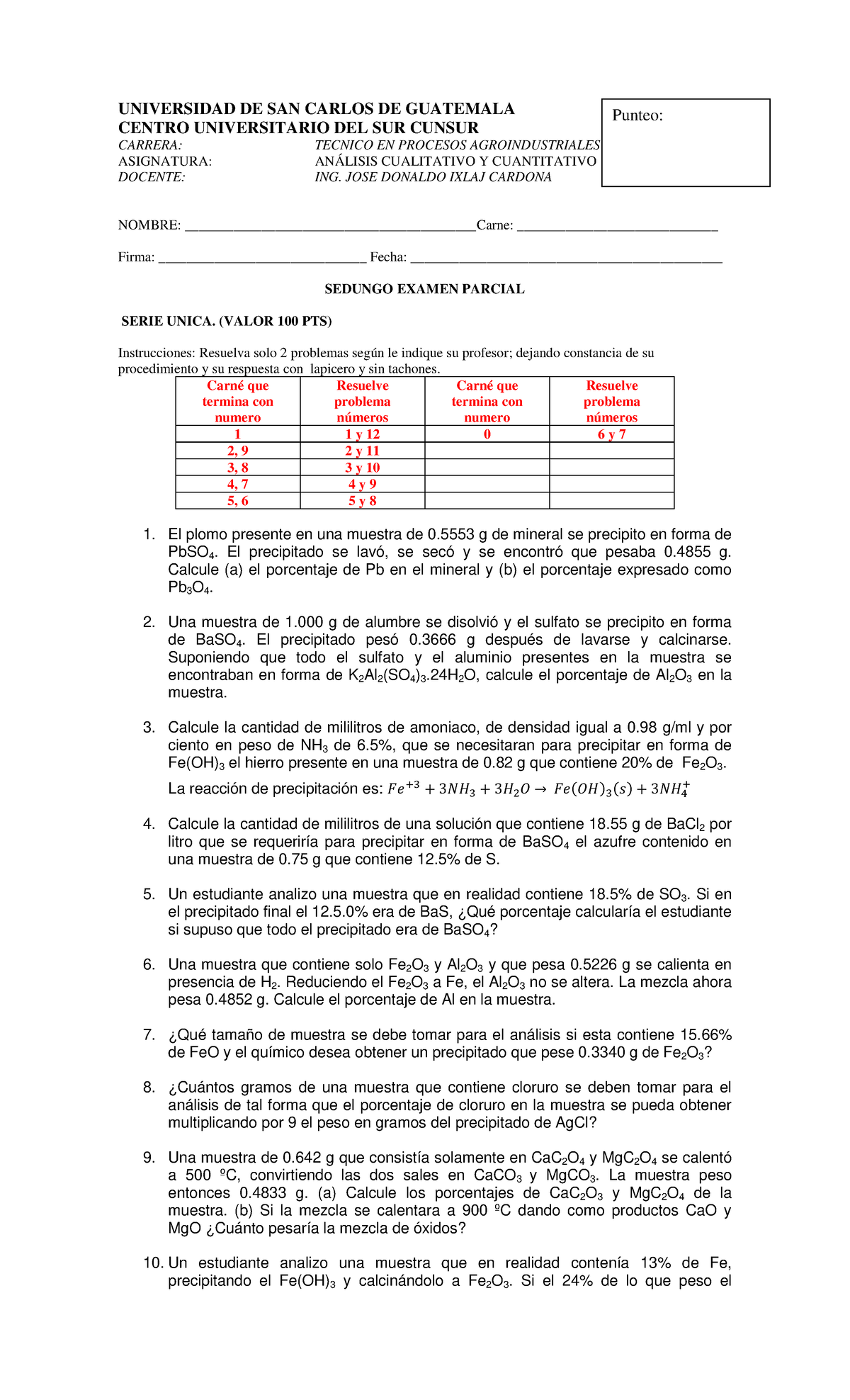 Examen Parcial Analisis Cualitativo y Cuantitativo (Química Análitica) - UNIVERSIDAD DE SAN ...