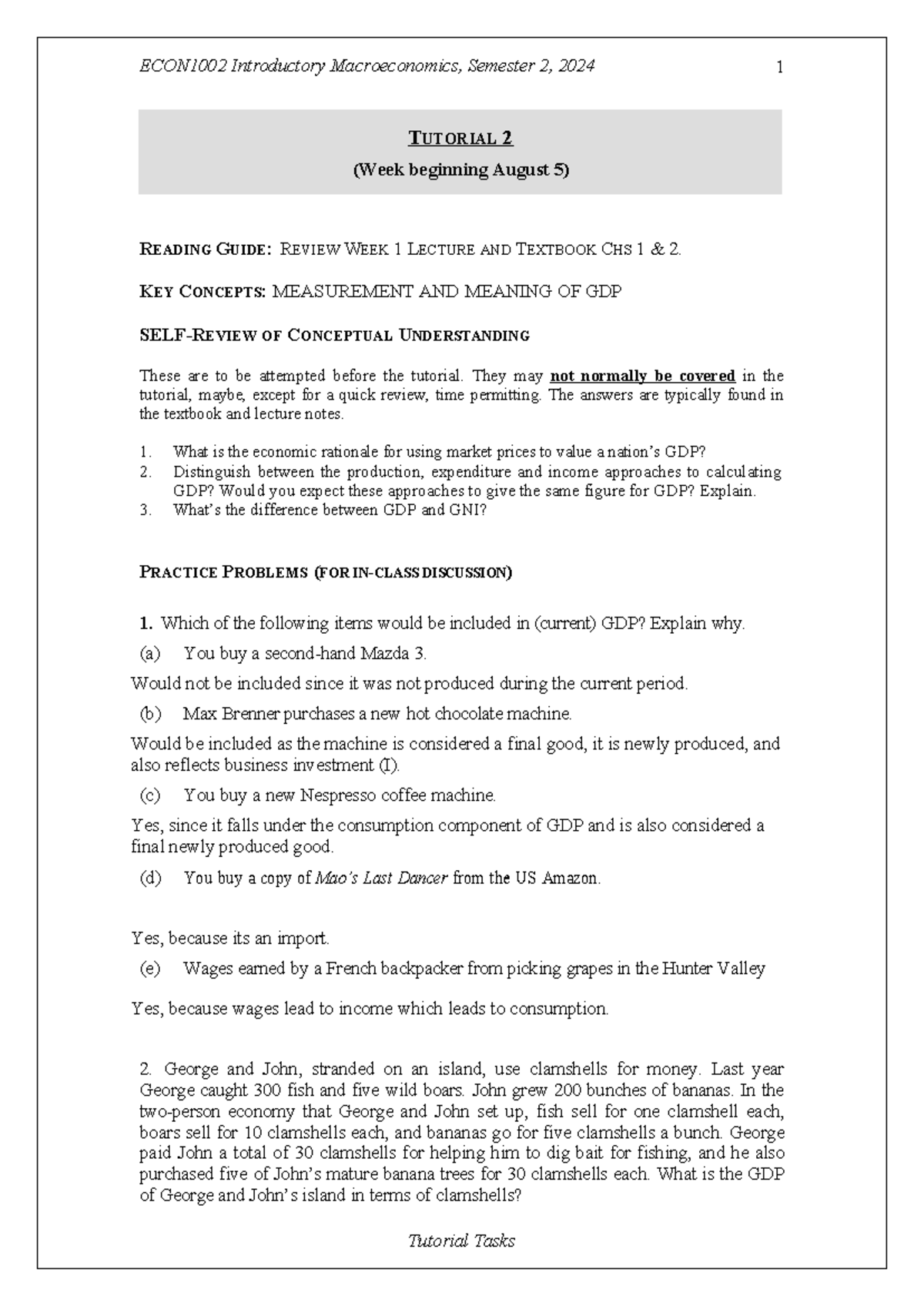Tutorial Week 2 - READING GUIDE: REVIEW WEEK 1 LECTURE AND TEXTBOOK CHS 1 & 2. KEY CONCEPTS ...