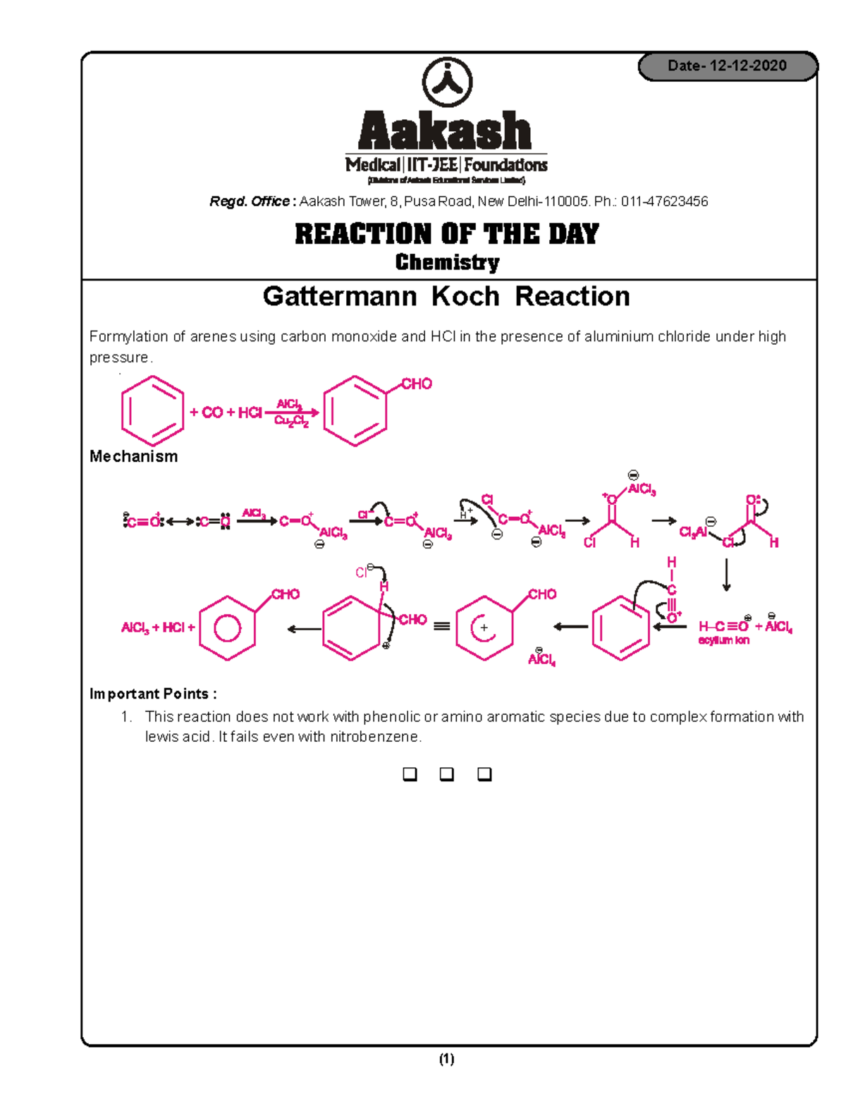 Gattermann Koch Reaction - (1) Formylation of arenes using carbon ...
