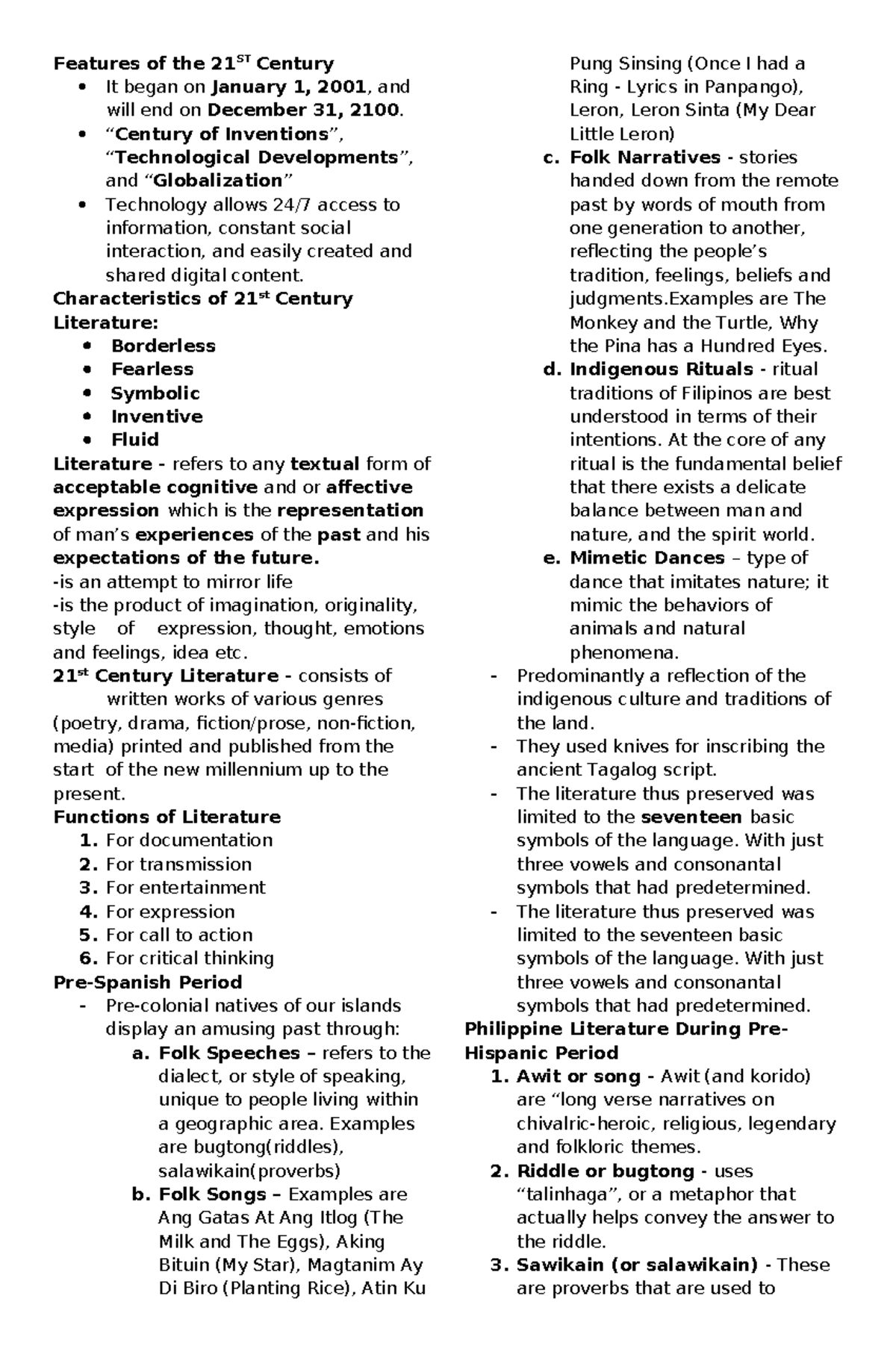 21st Century Literature Notes - Features of the 21ST Century It began ...