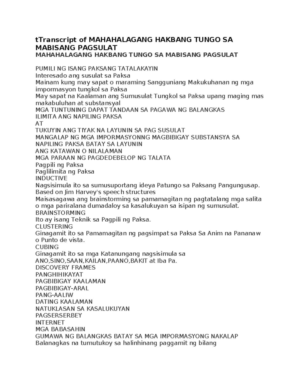 386324439 Transcript of Mahahalagang Hakbang Tungo Sa Mabisang Pagsulat ...