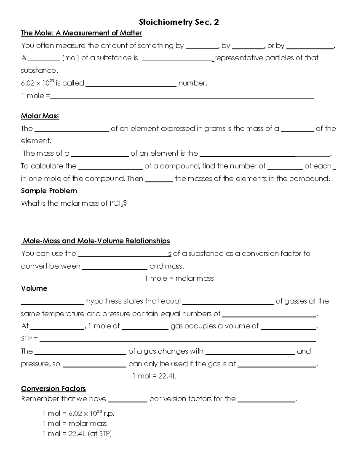 Stoichiometry Notes Sec 2 23 - Stoichiometry Sec. 2 The Mole: A ...