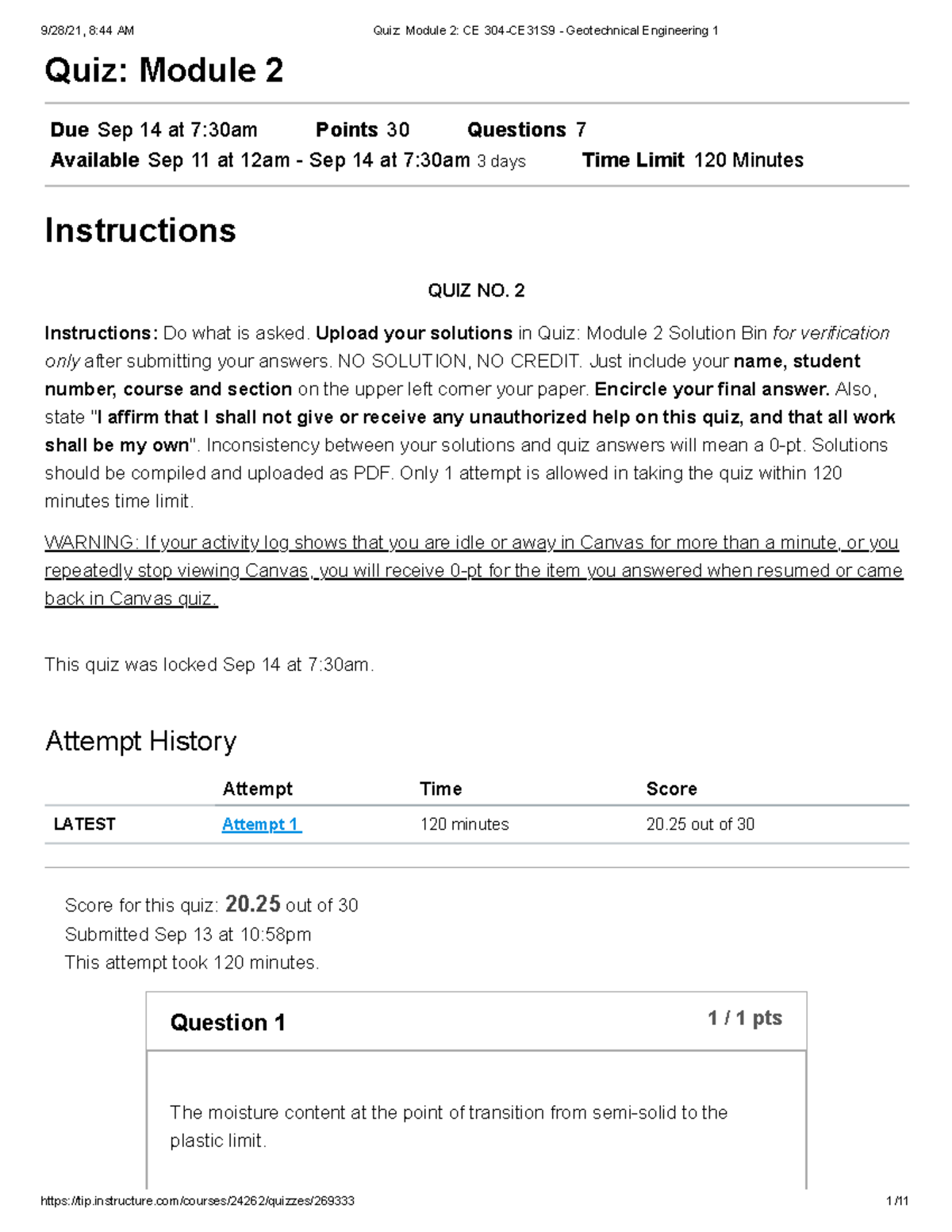Quiz Module 2 CE 304 CE31S9 Geotechnical Engineering 1 pdf - Quiz: Module 2 Due Sep 14 at 7:30am ...