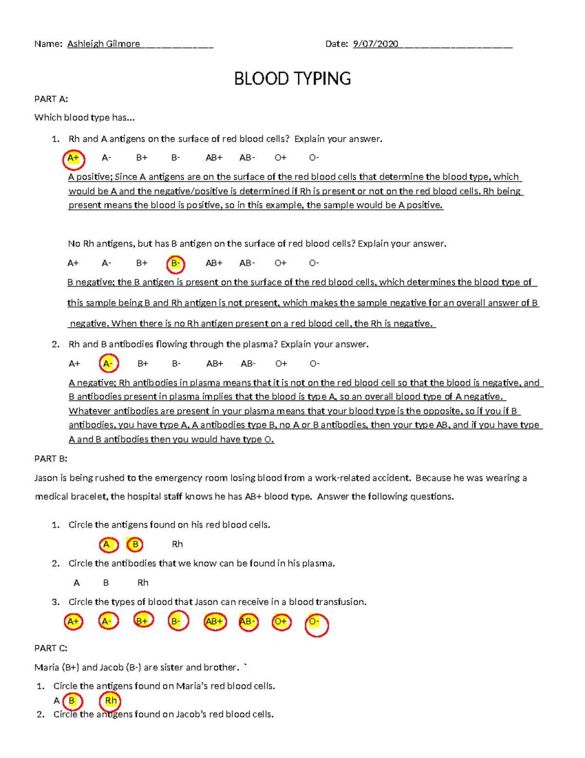 Ashleigh Gilmore Blood Typing Worksheet - Name: Ashleigh Gilmore______________ Date: - Studocu