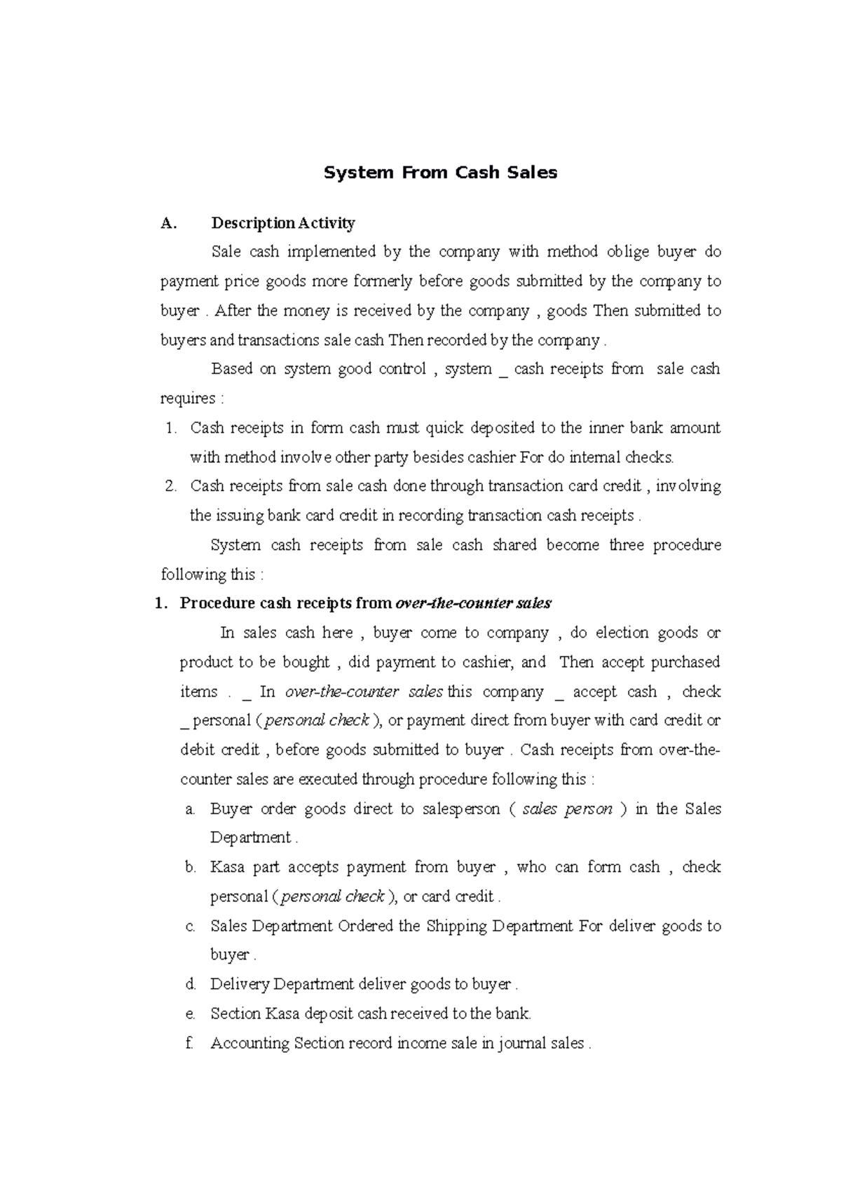 System From Cash Sales - Description Activity Sale cash implemented by ...