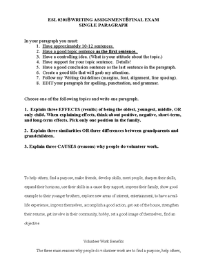 Exam - Practice material - ESL 0201BWRITING ASSIGNMENTBFINAL EXAM ...