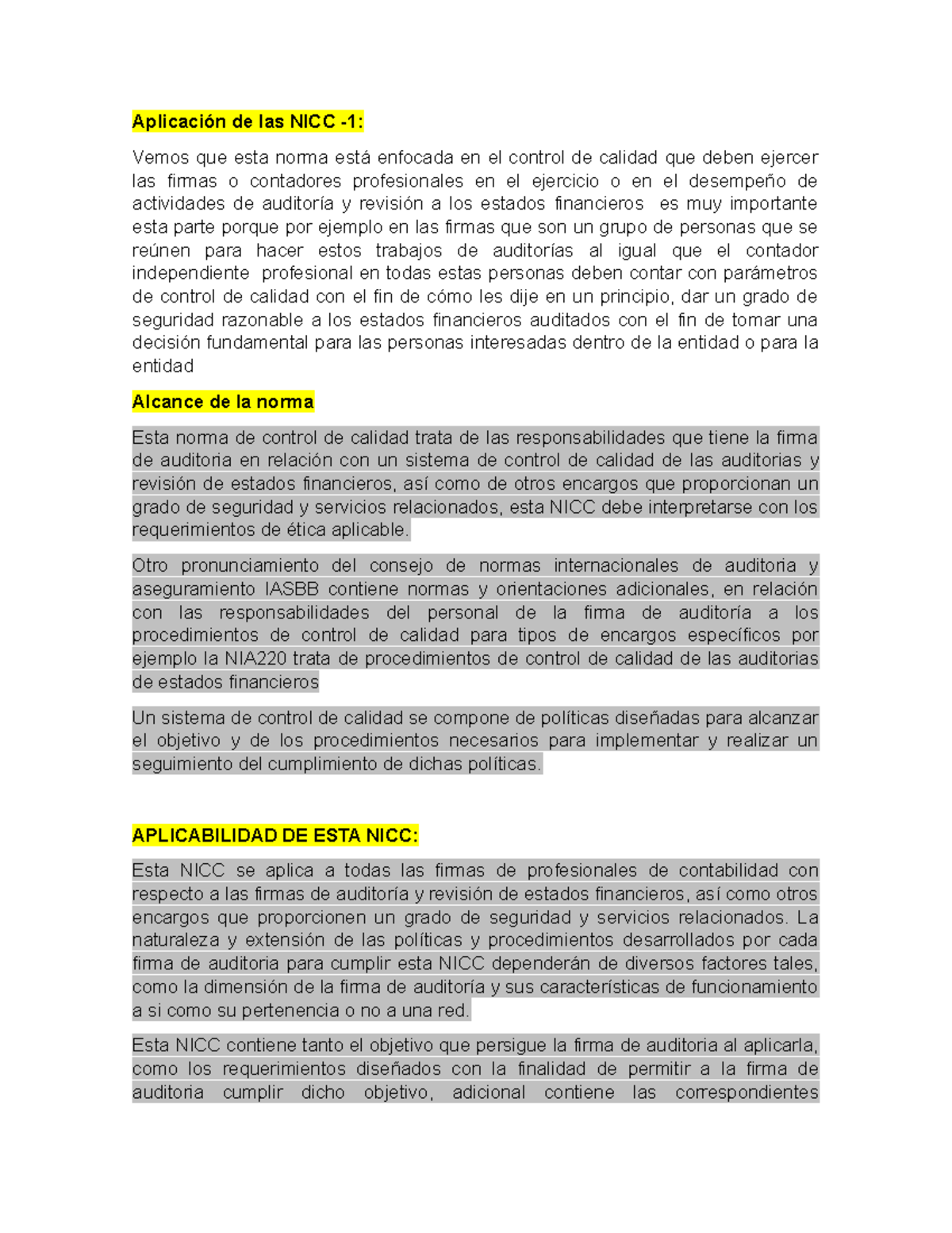 Aplicación de las NICC - No hay - Aplicación de las NICC -1: Vemos que ...