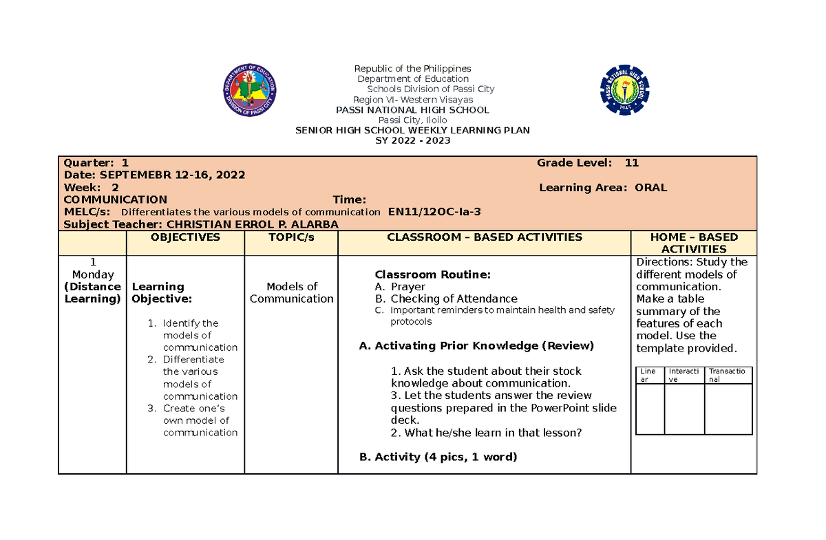 WLP F2F ORAL COM Q1W2 - Learning materials for oral communication subject. - Republic of the ...