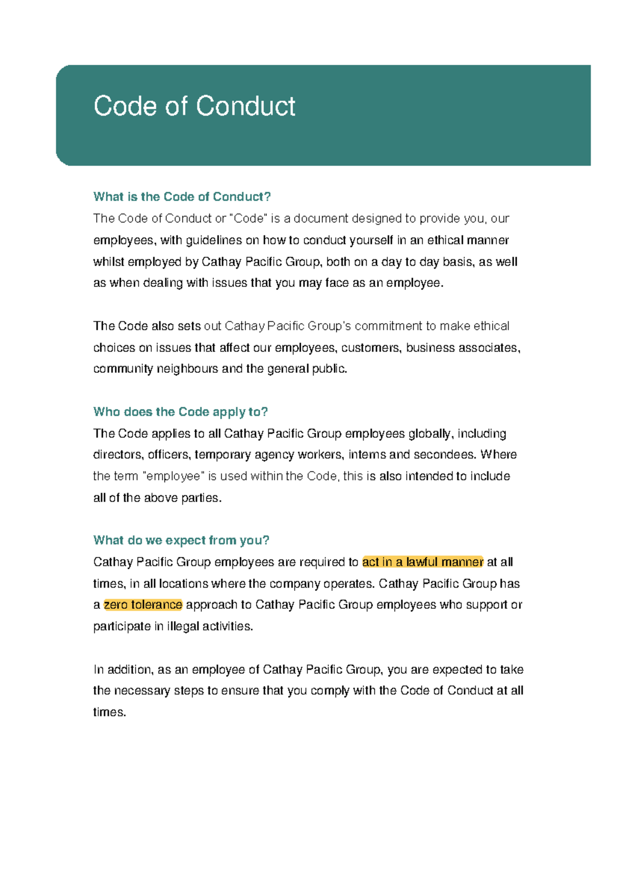 Cathay Pacific Code of Conduct - Code of Conduct What is the Code of ...