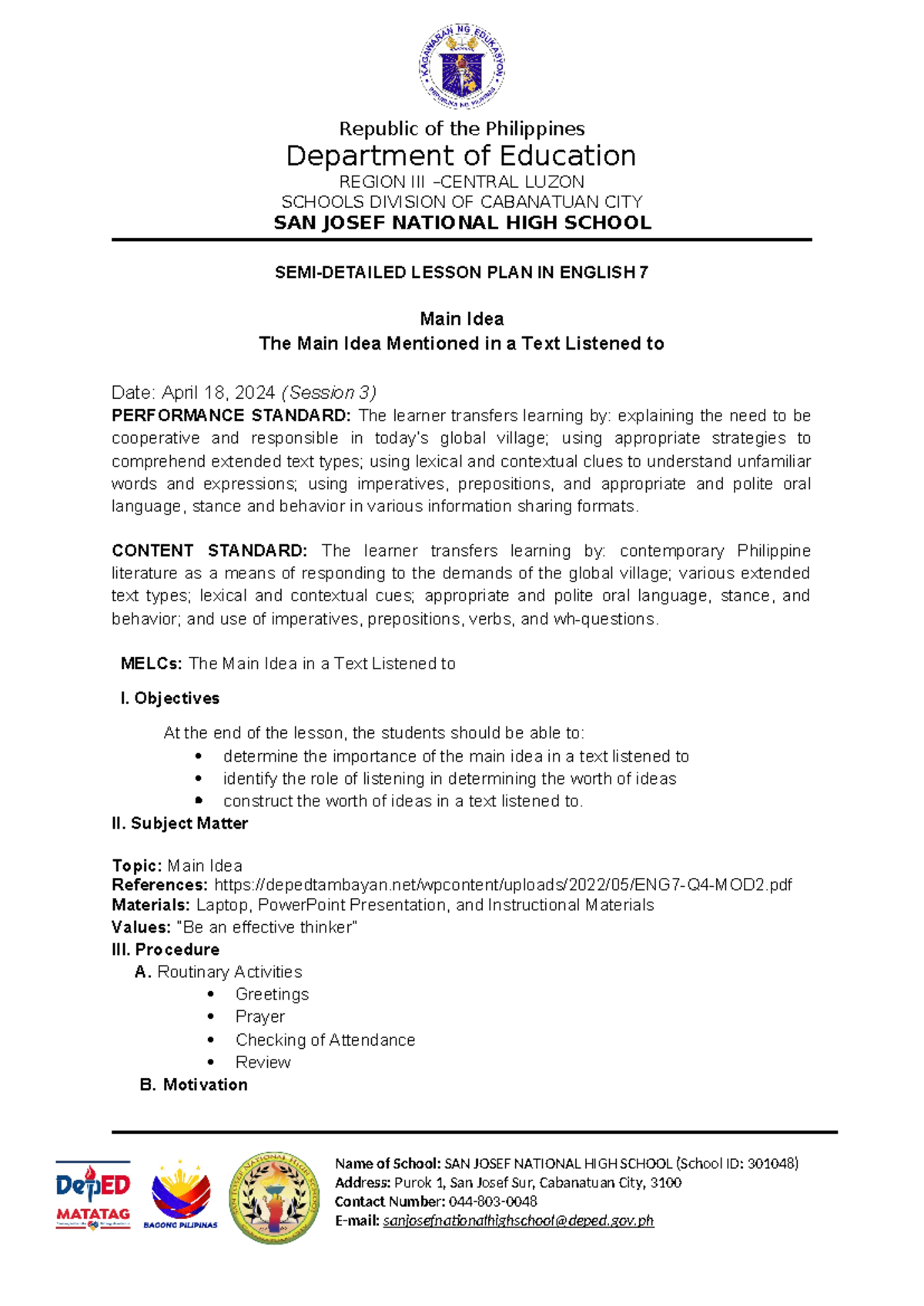 4TH MAIN IDEA DAY 3 - Department of Education REGION III –CENTRAL LUZON ...