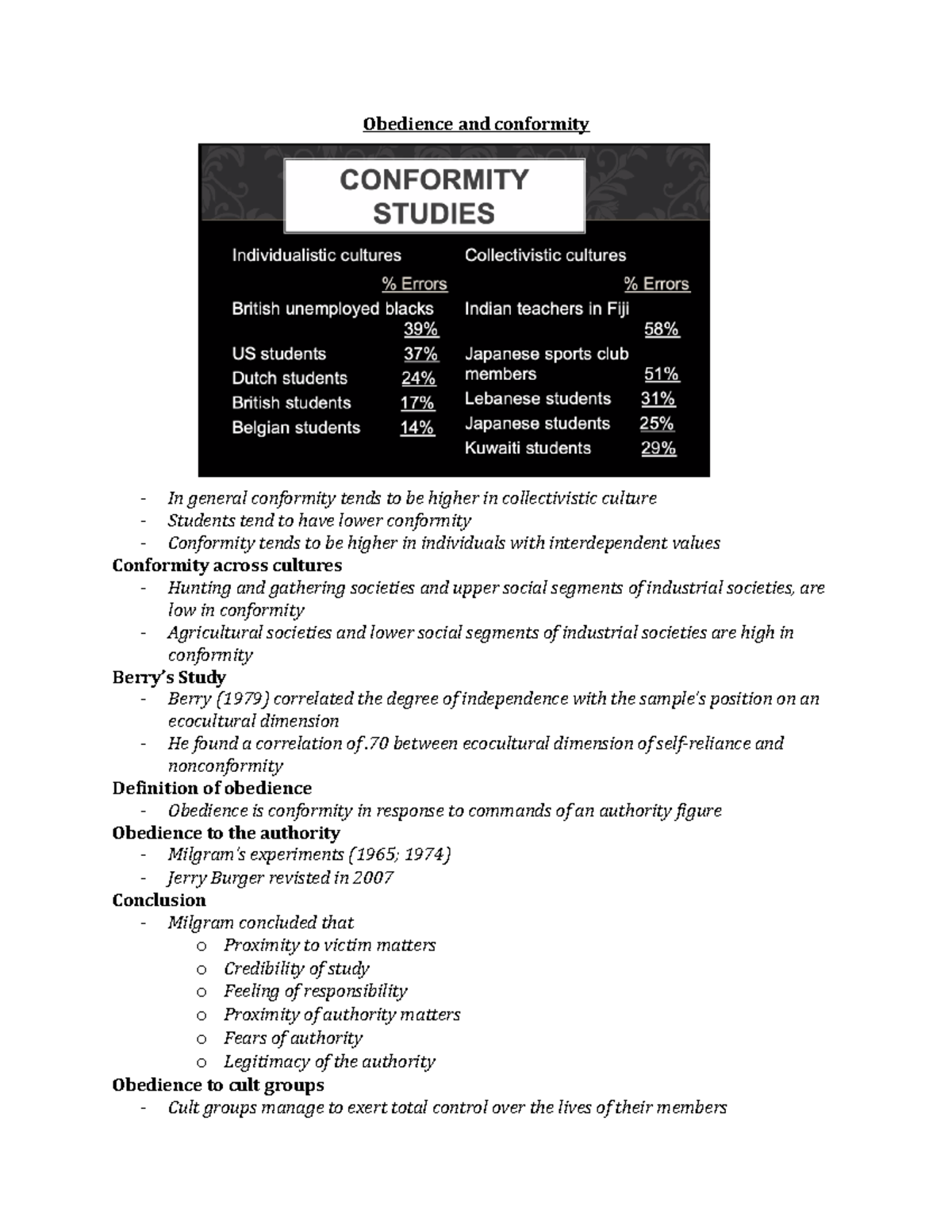Psyc2310 - lecture 8 - Obedience and conformity In general conformity ...