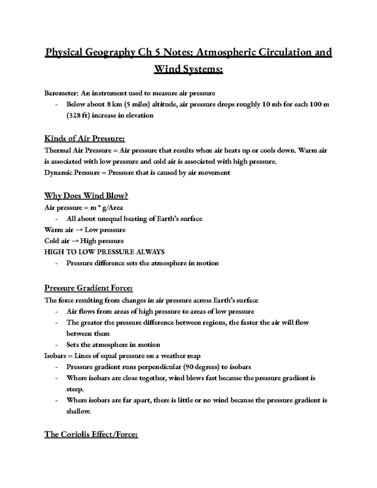 Physical Geography Ch 5 Notes Atmospheric Circulation and Wind Systems ...