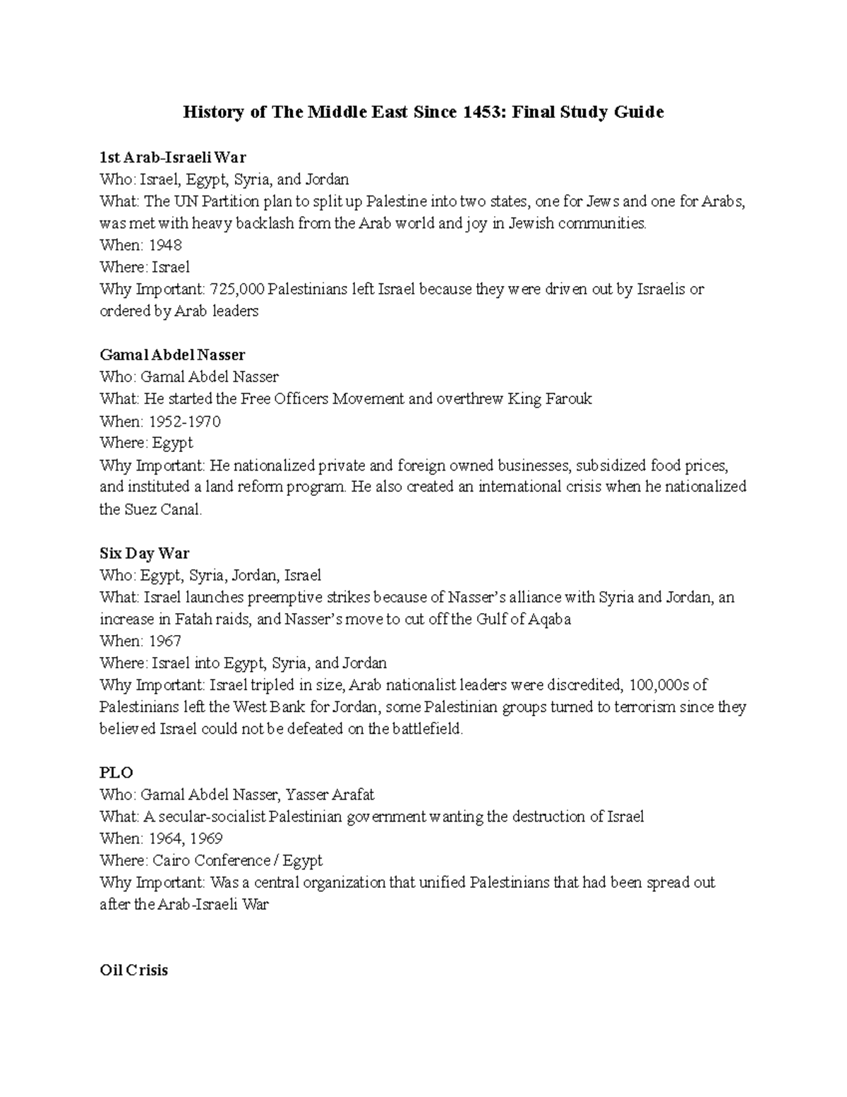 HST-173 Final Study Guide - History of The Middle East Since 1453 ...