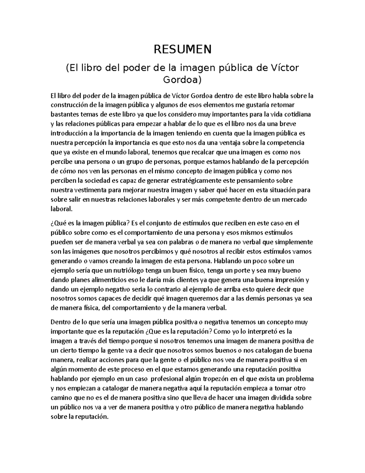 Resumen - RESUMEN (El libro del poder de la imagen pública de Víctor ...