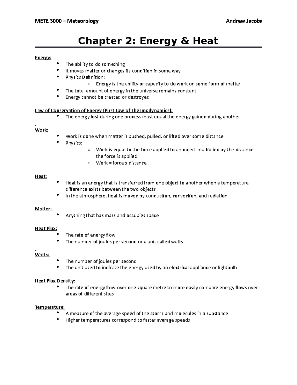 Met - Ch. 2 Energy & Heat - Lecture notes 2 - Chapter 2: Energy & Heat ...