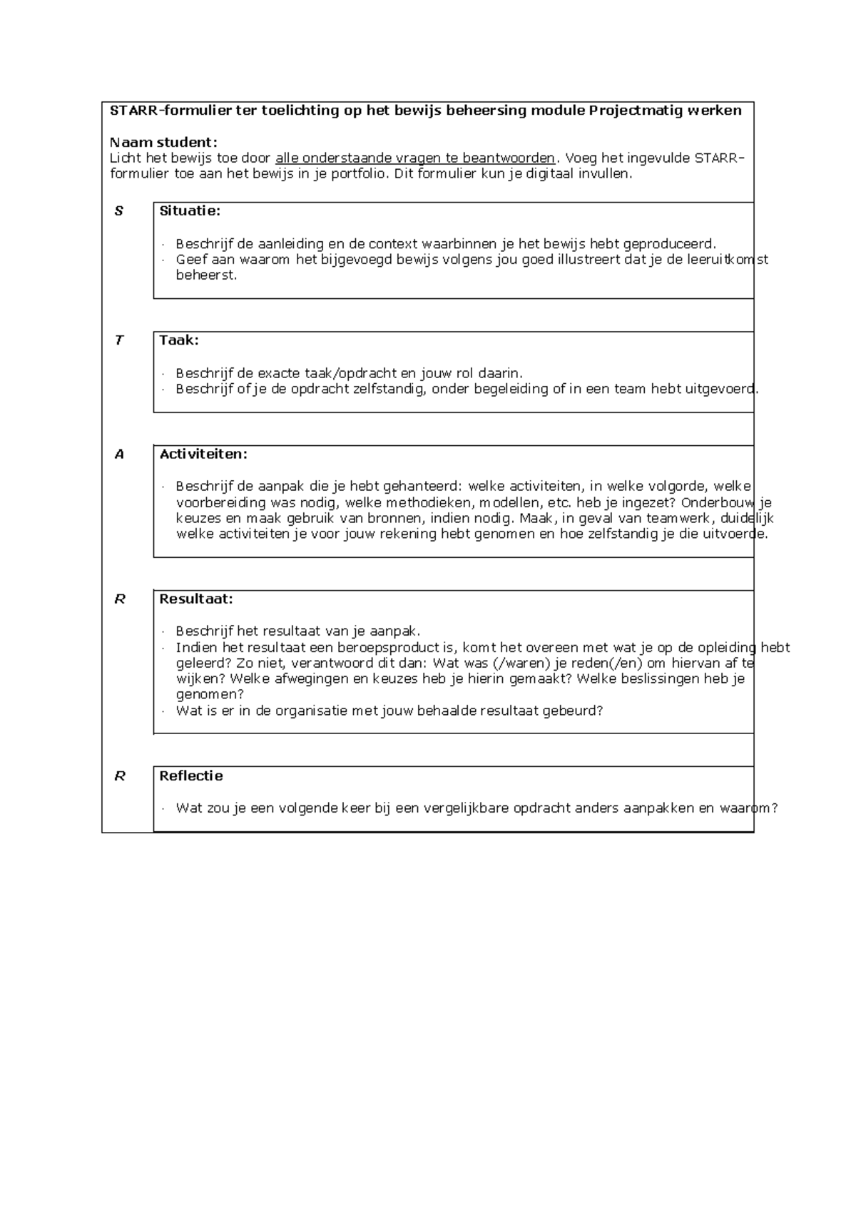 Starr opstellen - STARR-formulier ter toelichting op het bewijs beheersing module Projectmatig ...