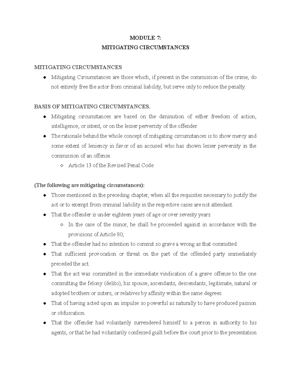 Module 7 - Crim - MODULE 7: MITIGATING CIRCUMSTANCES MITIGATING ...