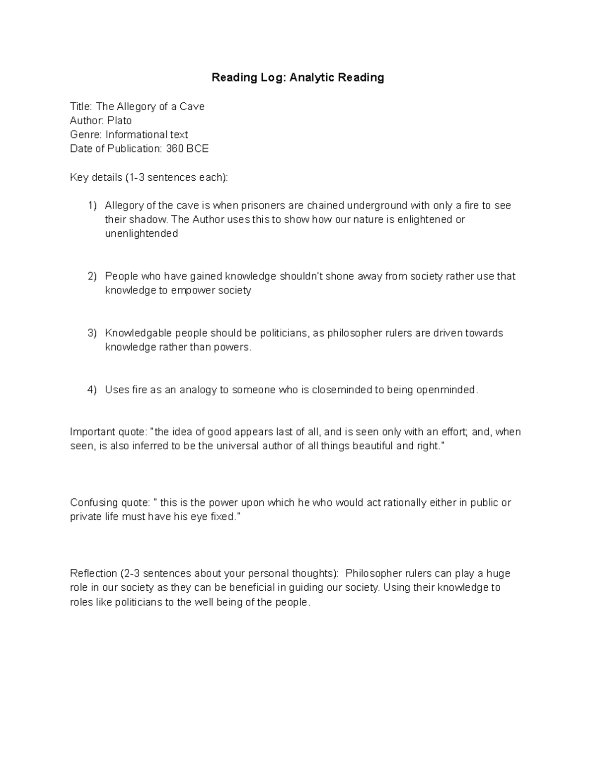 Reading Log Analytic Reading - Reading Log: Analytic Reading Title: The Allegory of a Cave ...