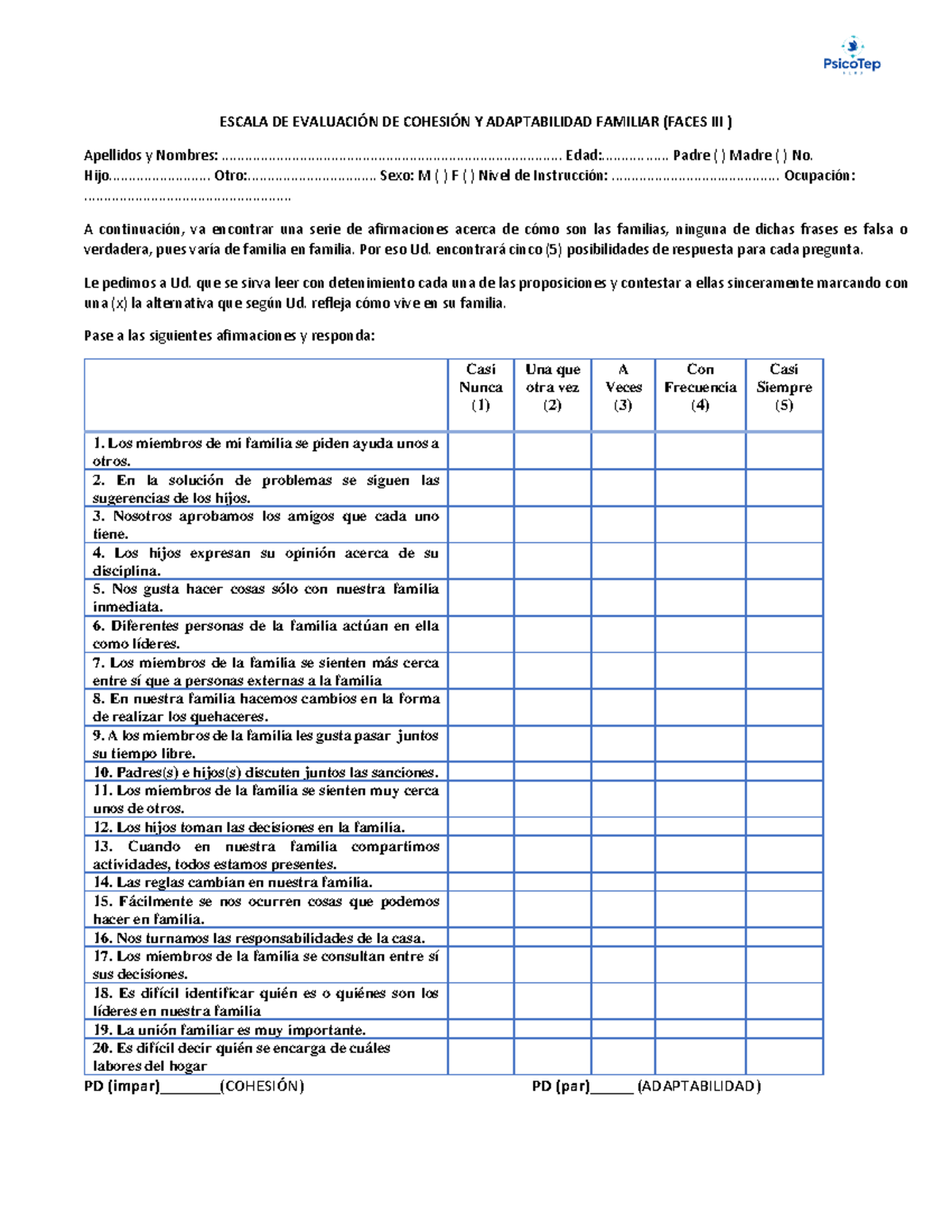 Faces-III - prueba para evaluar la area familiar - ESCALA DE EVALUACIÓN ...
