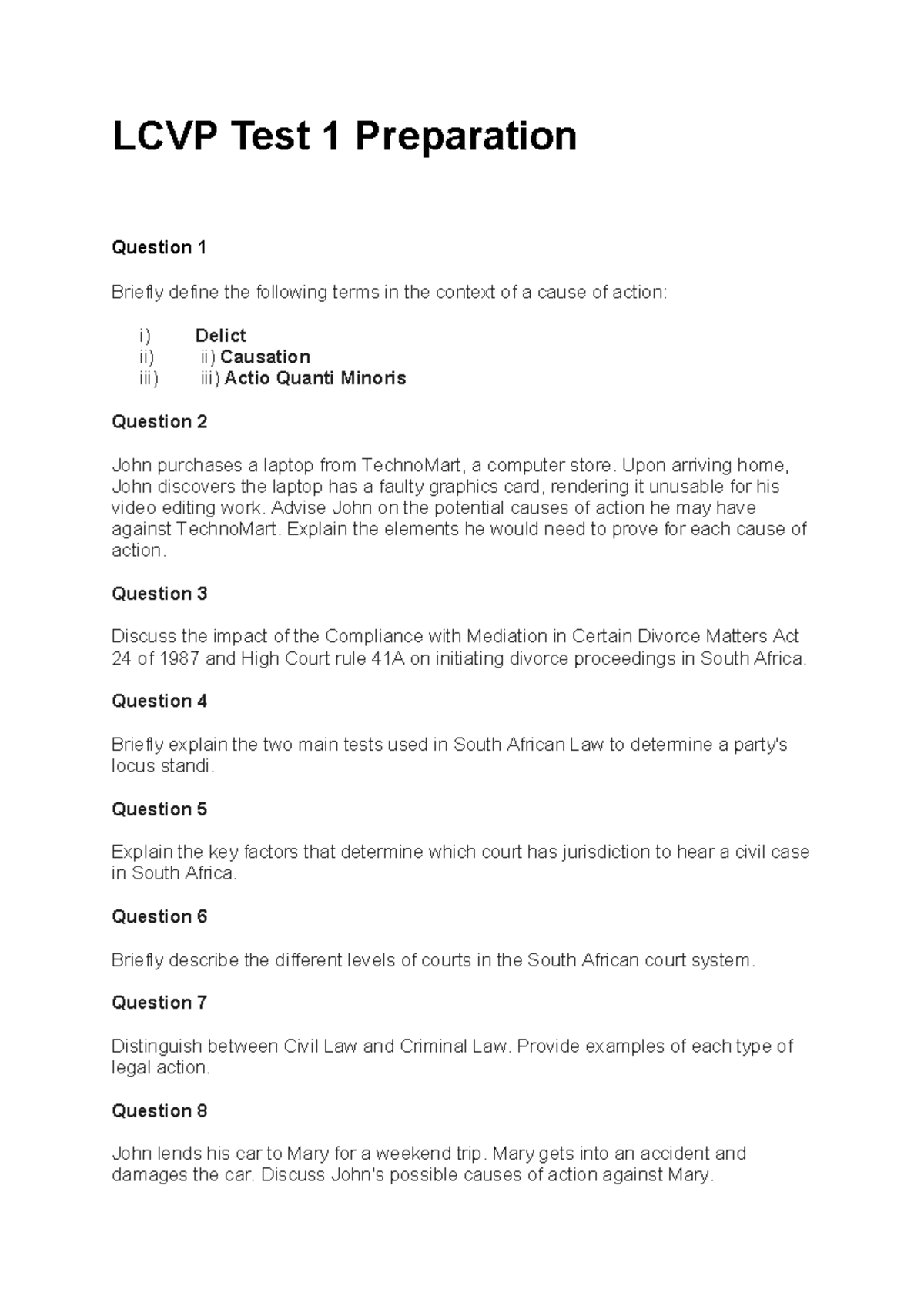 Test yourself questions - LCVP Test 1 Preparation Question 1 Briefly ...