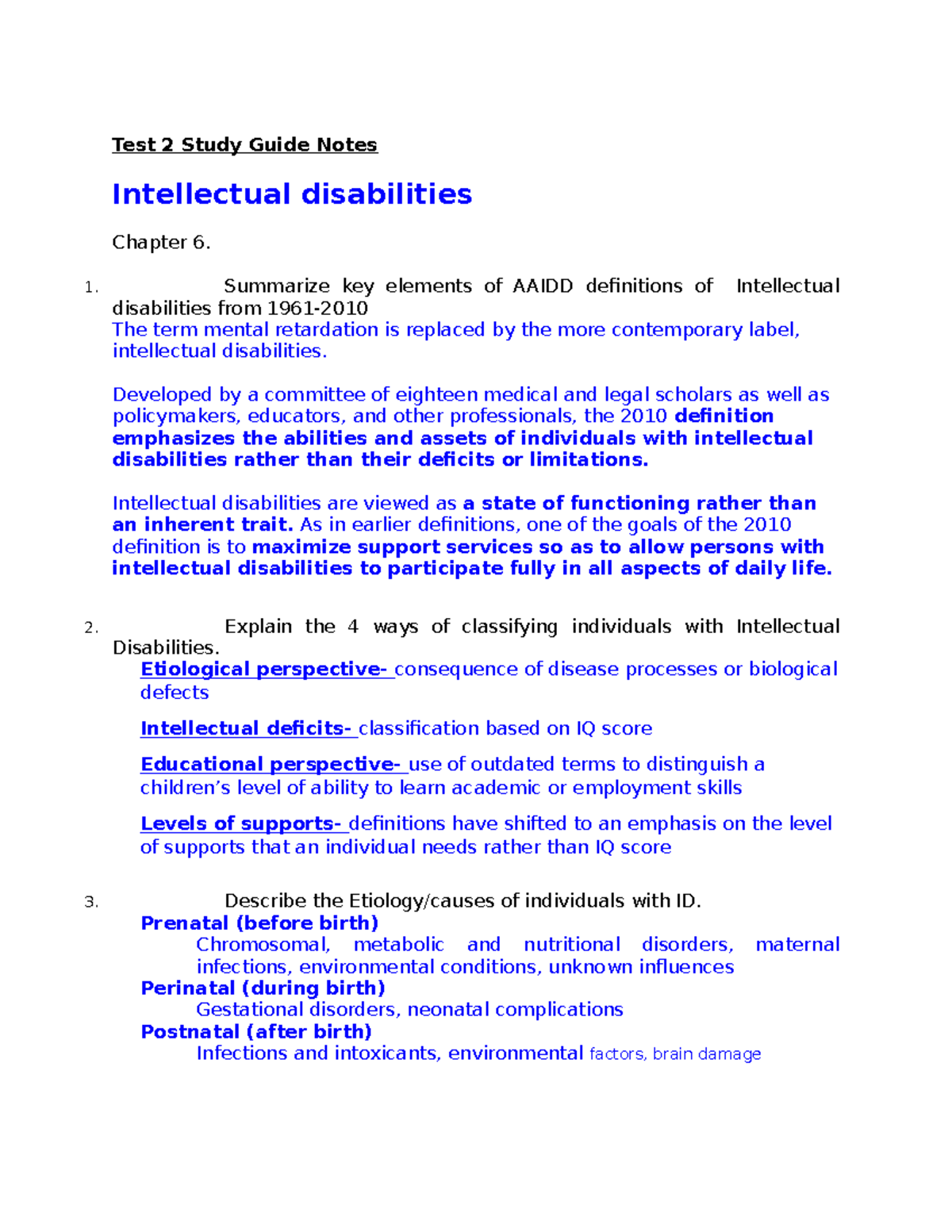 Intellectual Disabilities-Test 2 Study Guide Chapters 6-12 - Test 2 ...